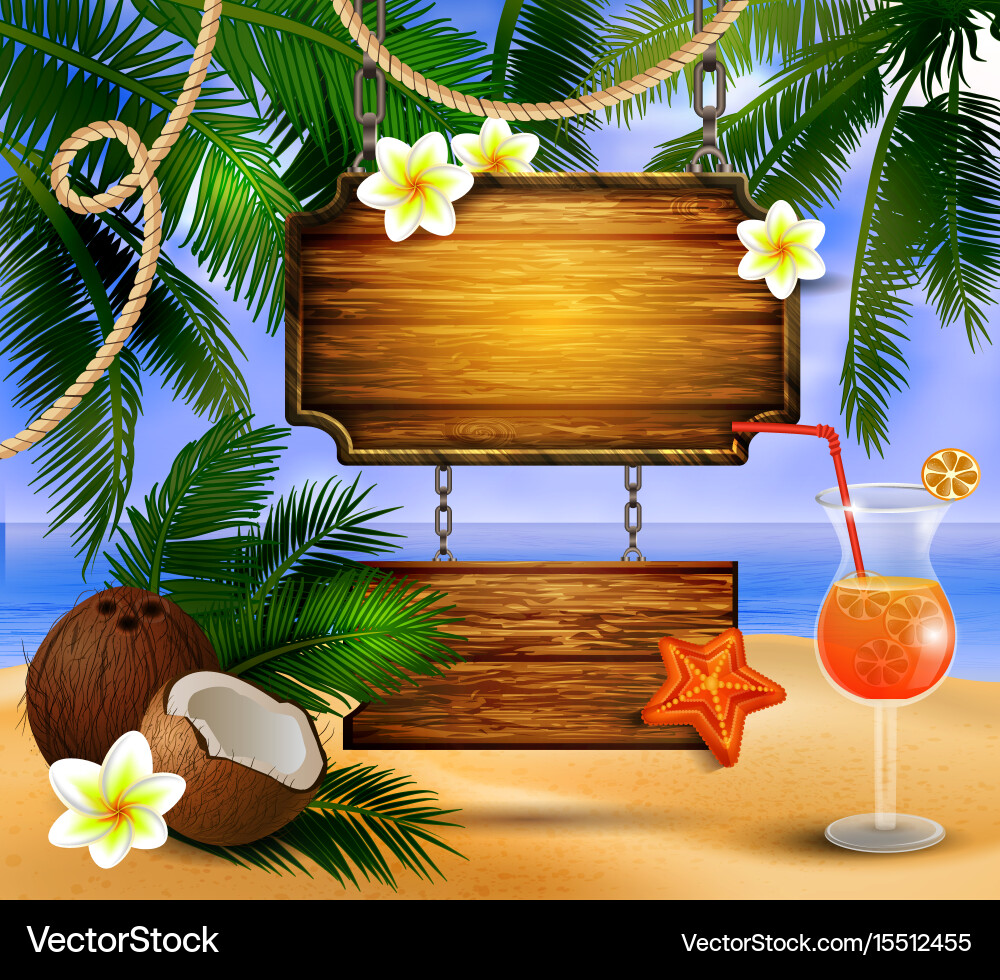 Beautiful beach view with wooden board Royalty Free Vector