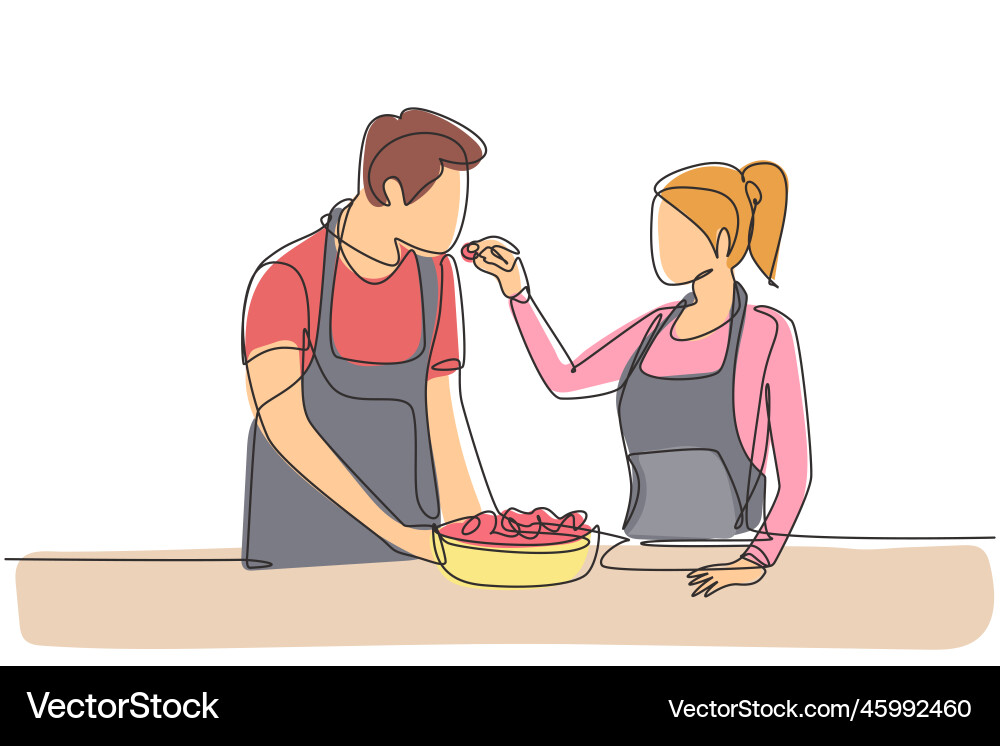 Continuous one line drawing beautiful wife feeds Vector Image