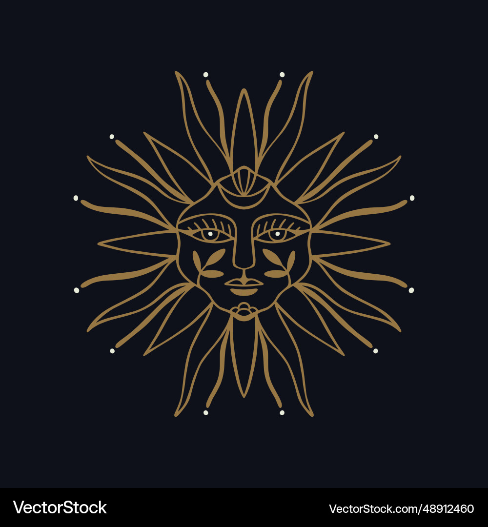 Mystical sun face line art Royalty Free Vector Image