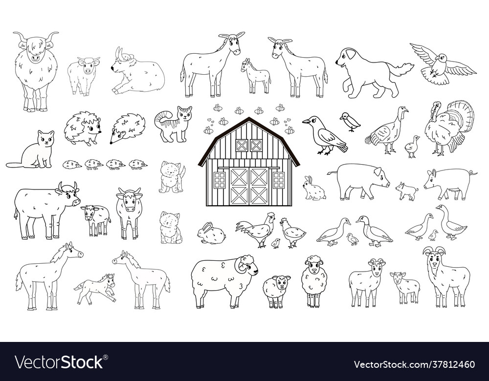 Set outline cartoon farm animals Royalty Free Vector Image