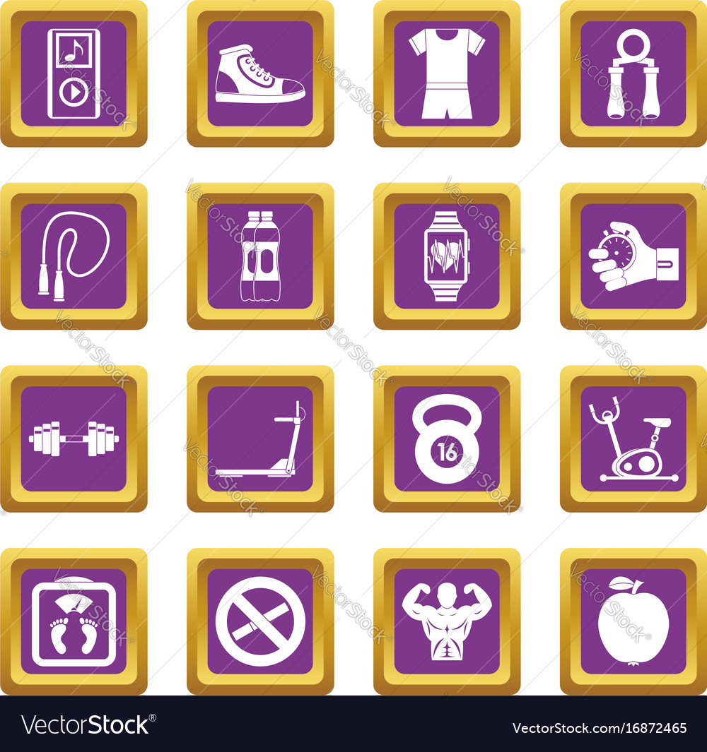 Fitness icons set purple Royalty Free Vector Image
