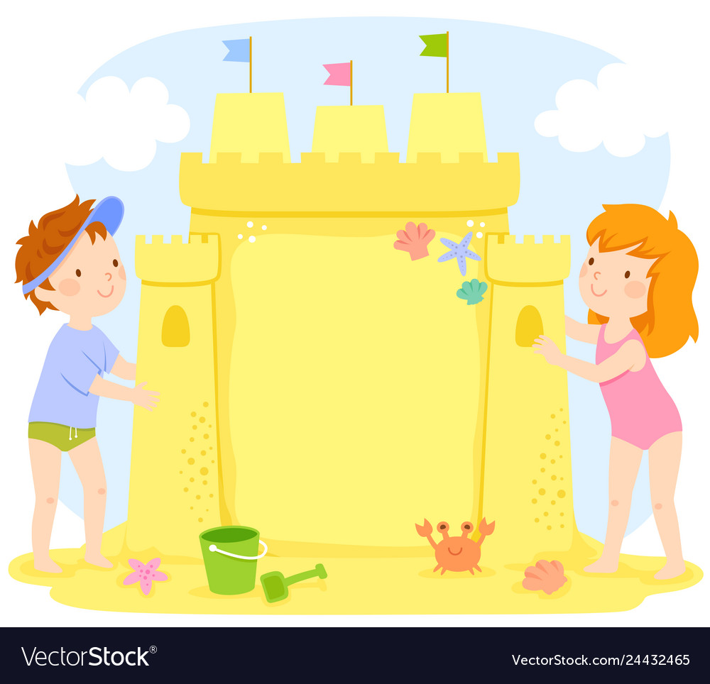 Kids building a sand castle with copy space Vector Image