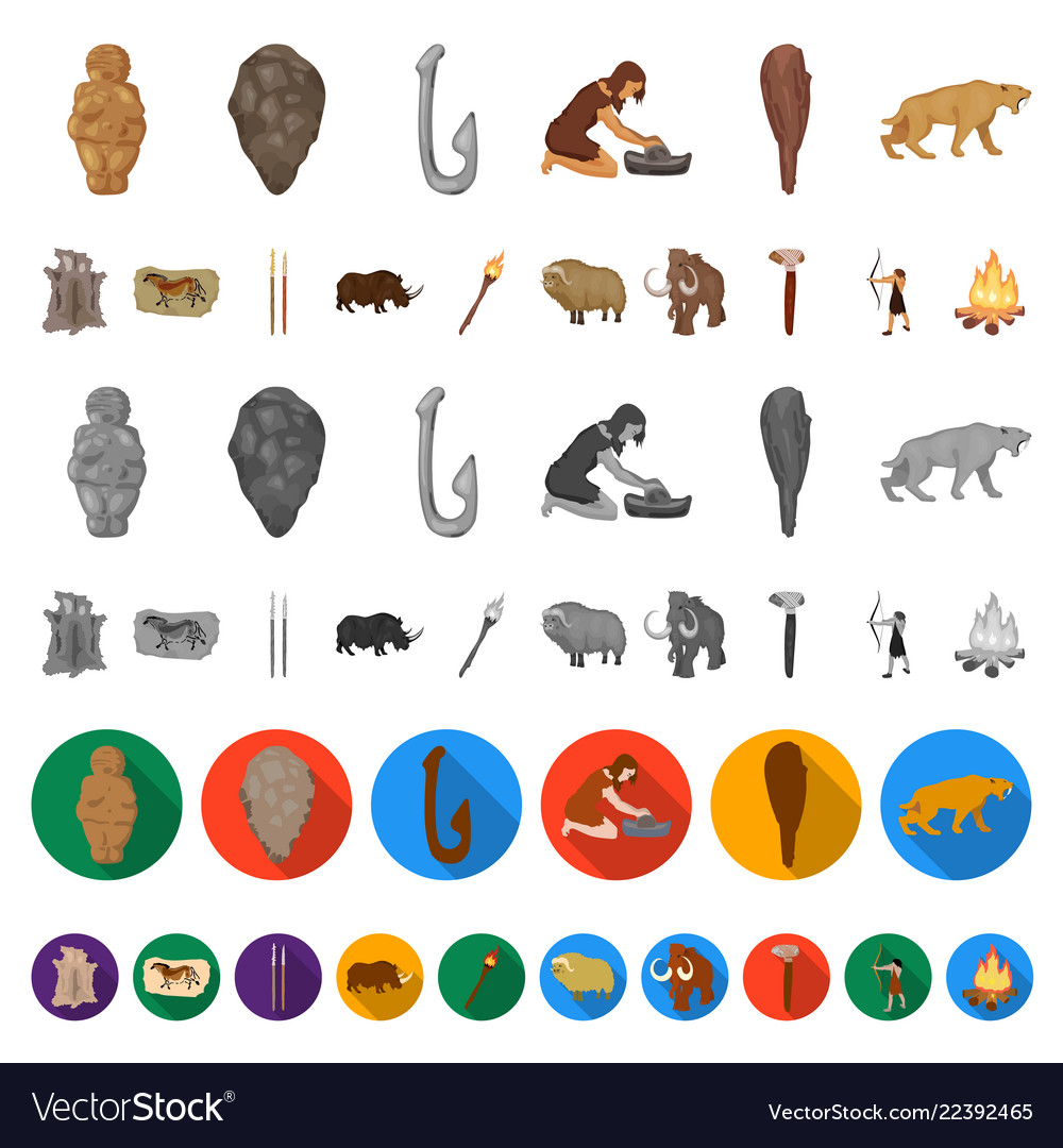 Life in the stone age cartoon icons in set Vector Image