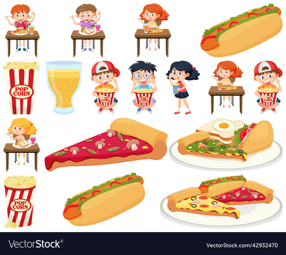 Set of different junk foods and kids Royalty Free Vector