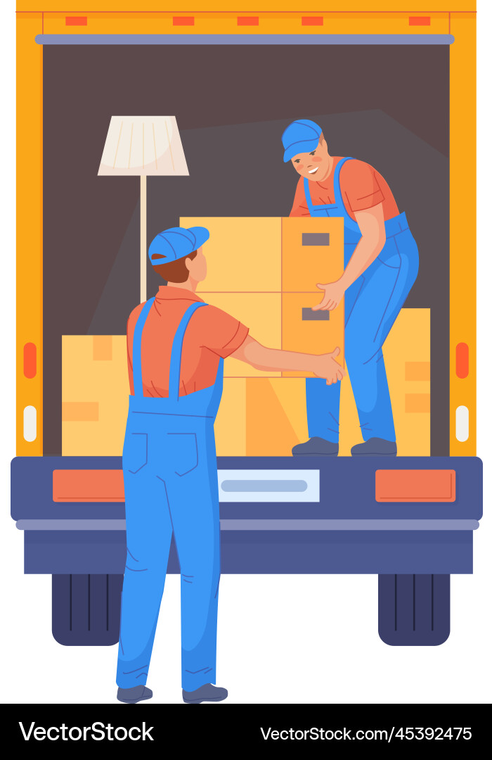 House moving service workers carrying boxes to Vector Image