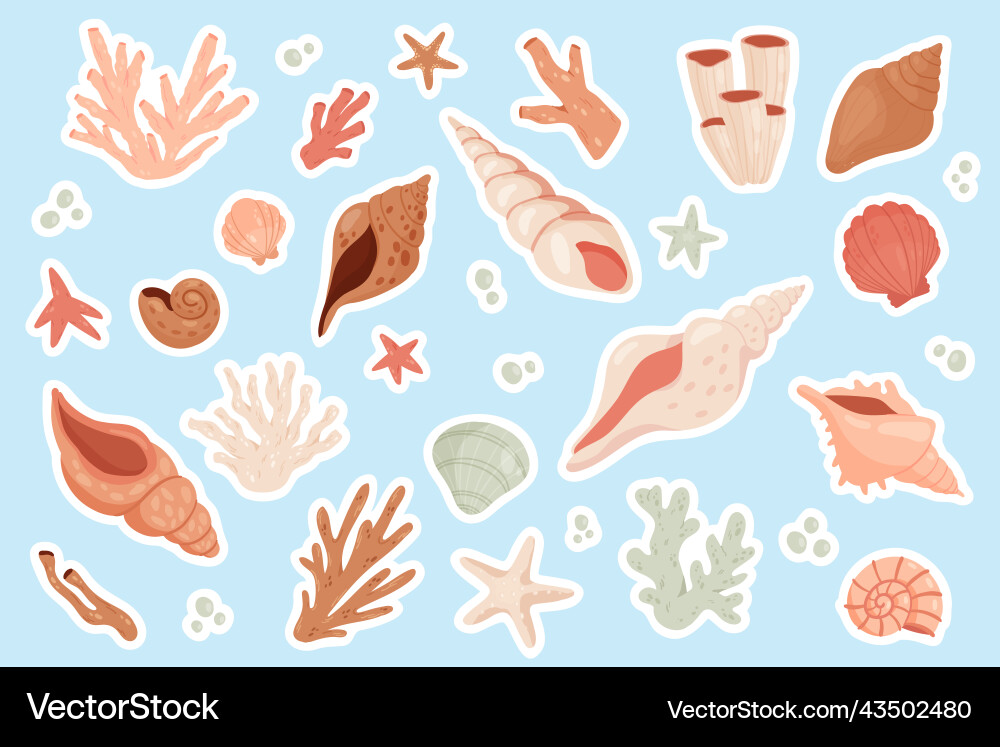 Cute sea shells sticker set beach or underwater Vector Image