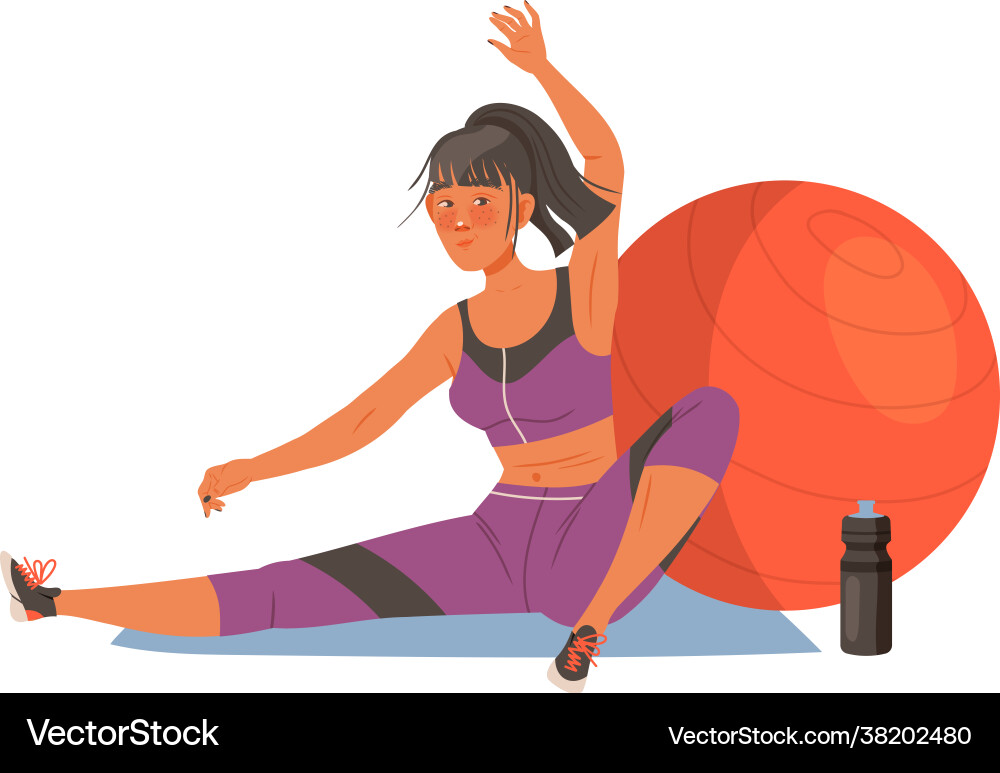Young female character on mat stretching doing Vector Image