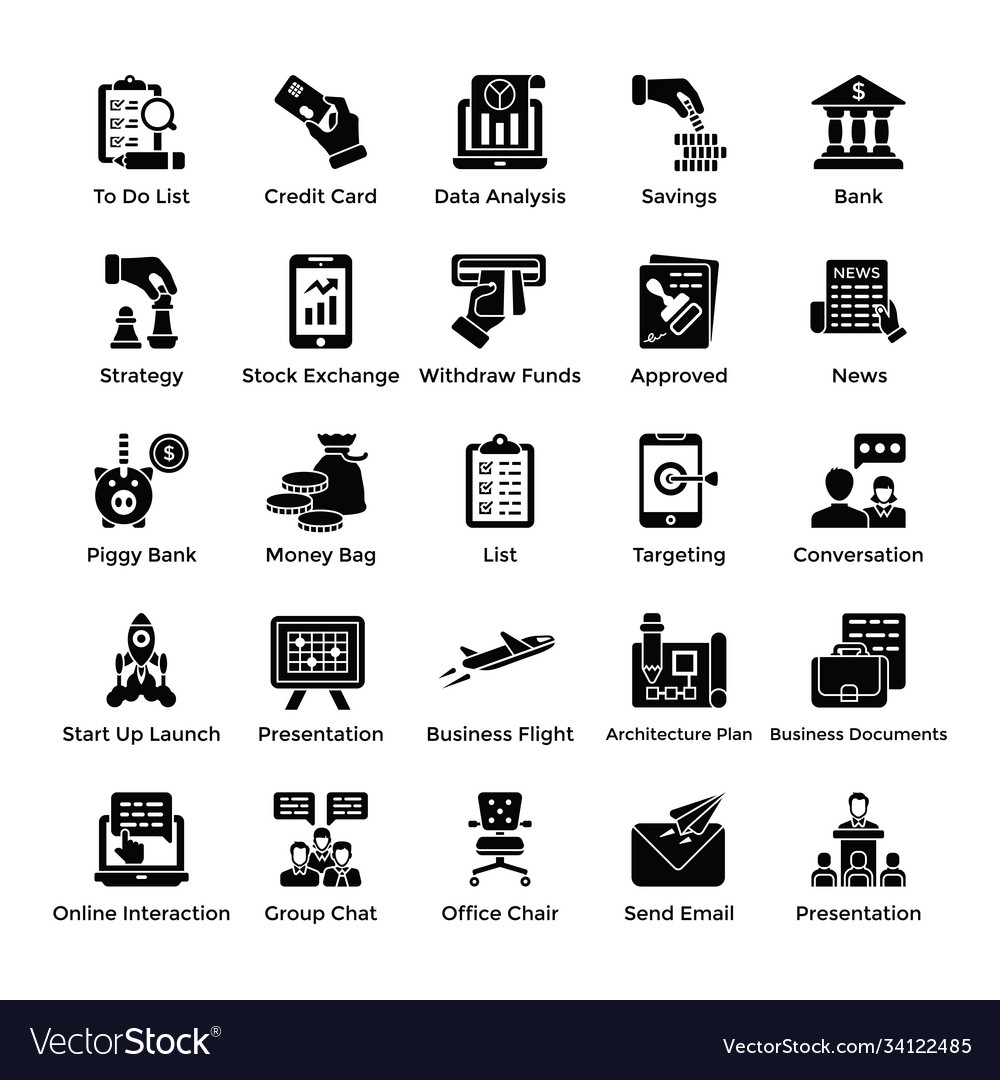 Business glyph icons set Royalty Free Vector Image