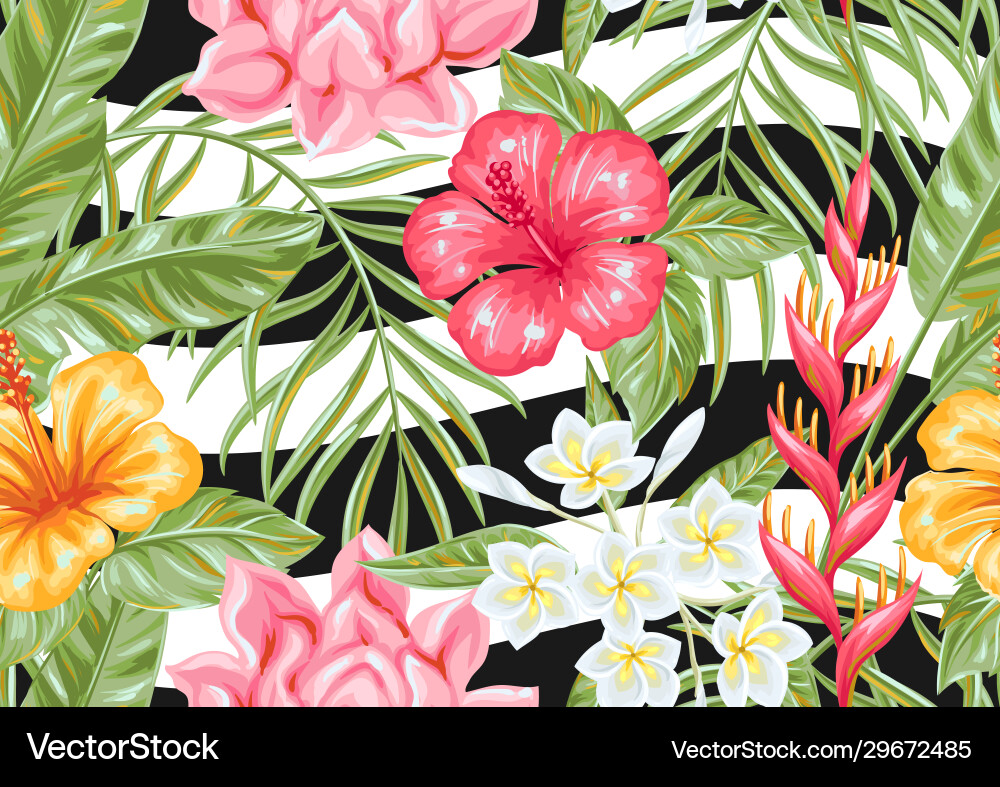 Seamless pattern with tropical flowers and leaves Vector Image