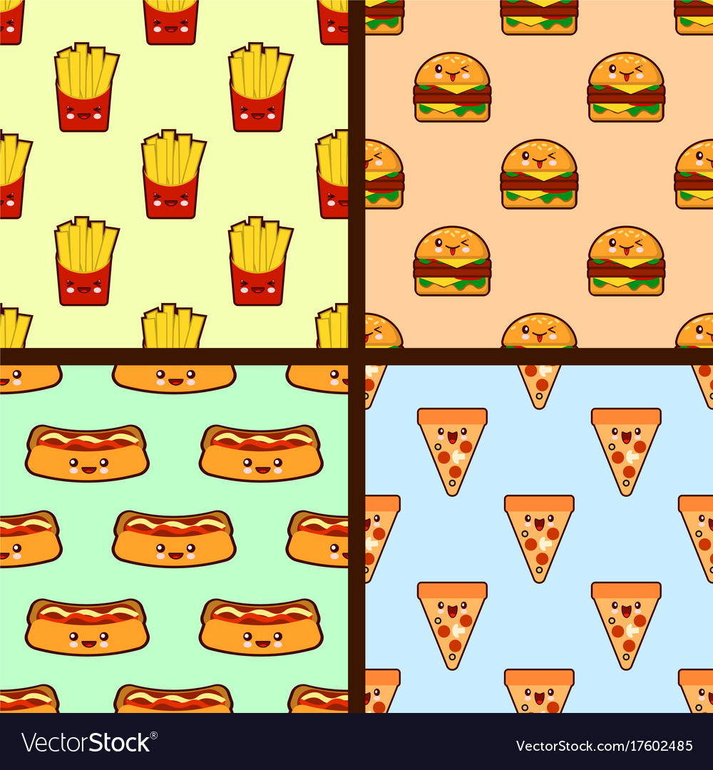 Set fast food seamless patterns kawaii Royalty Free Vector