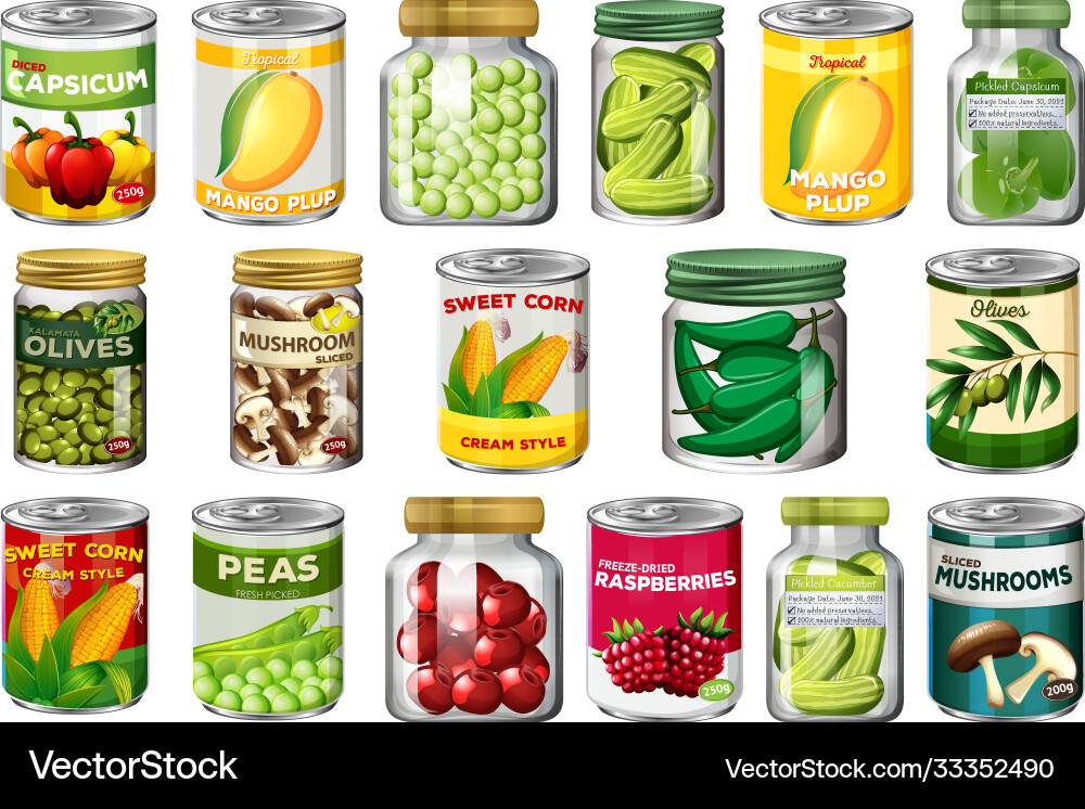 Set different canned food and in jars Royalty Free Vector