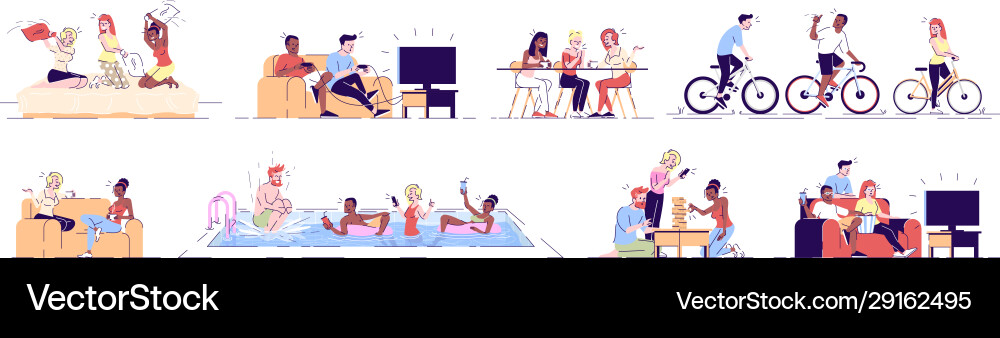 Friends having fun flat set young people relaxing Vector Image