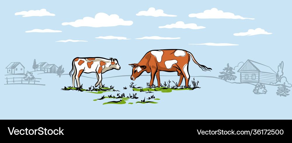 Cow with calf walking on lawn Royalty Free Vector Image