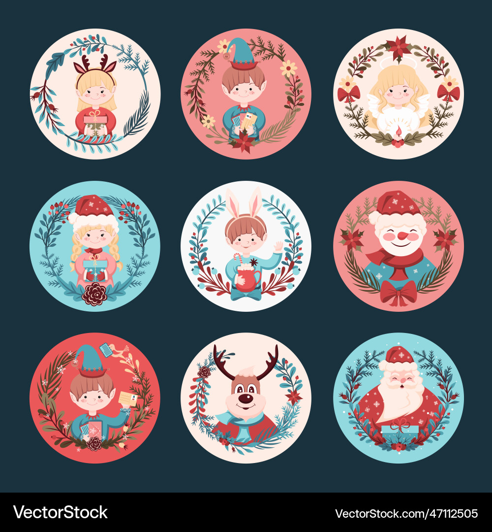 Set of christmas emblems with a wreath branches Vector Image
