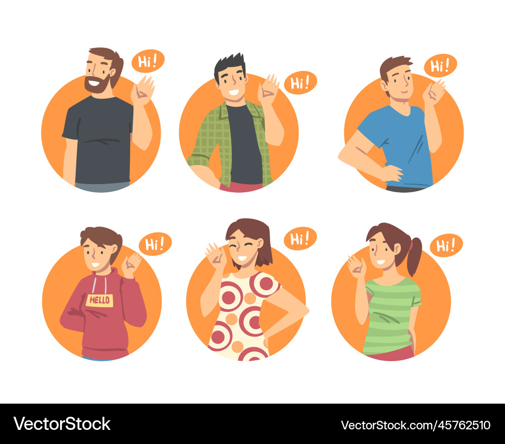 People characters saying hello and showing hand Vector Image