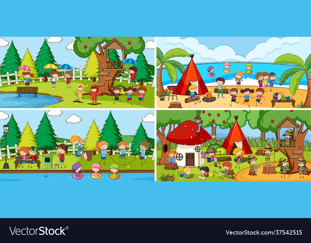 Outdoor scene set with many kids doodle cartoon Vector Image