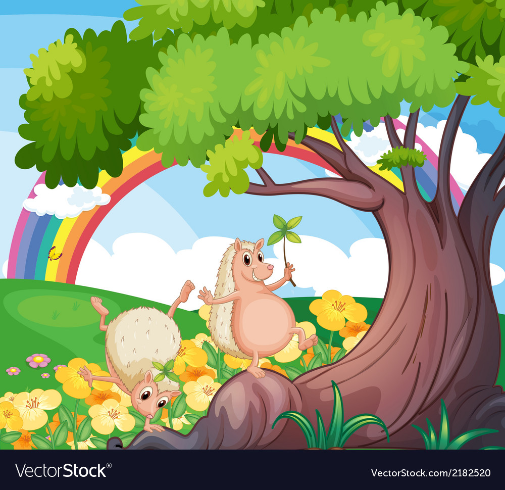 Two wild animals near the tree with flowers Vector Image