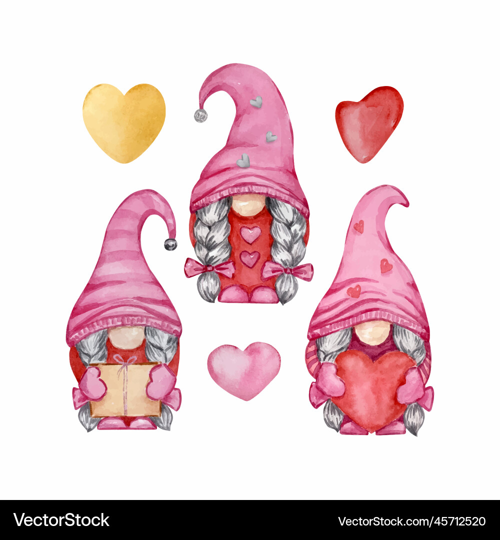 Watercolor valentines day gnomes Royalty Free Vector Image