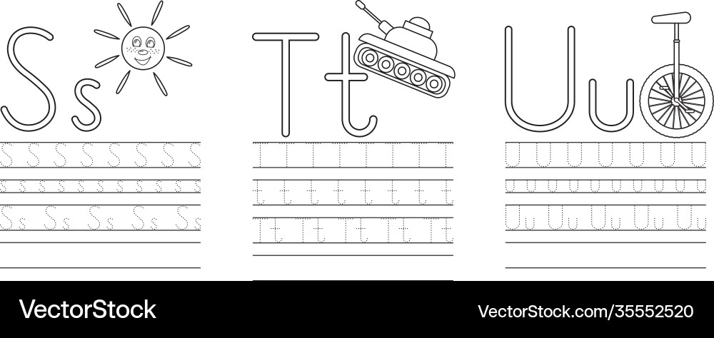 Writing practice letters s t u coloring book Vector Image