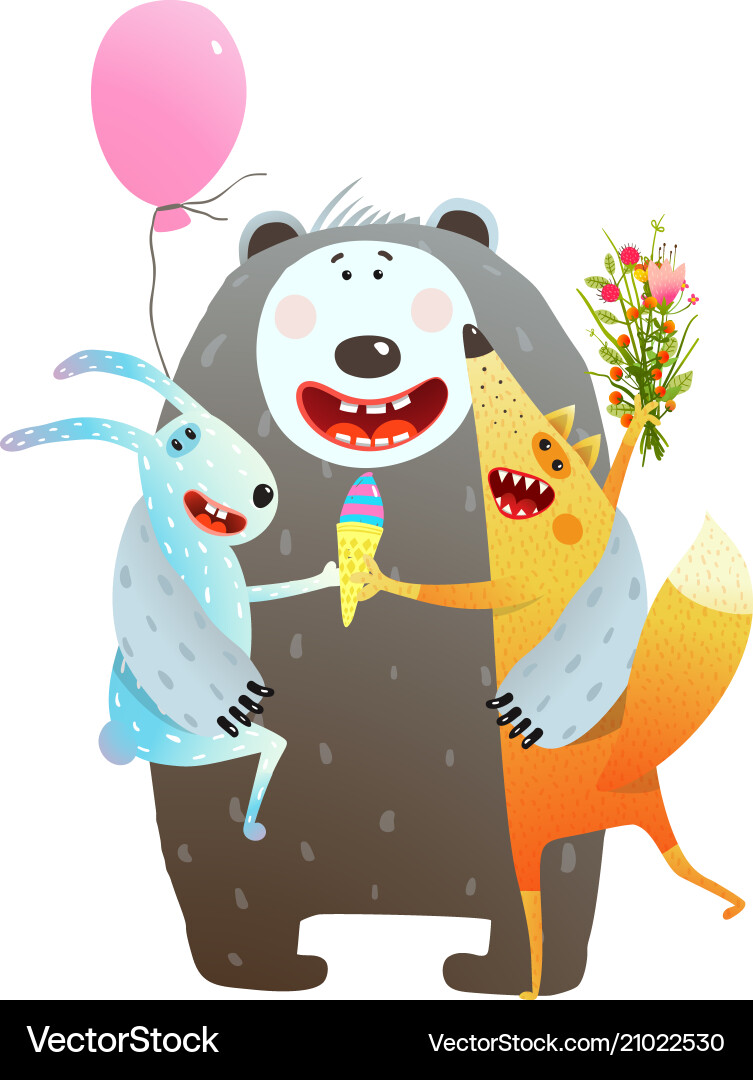 Animal friendship bear rabbit fox hug Royalty Free Vector