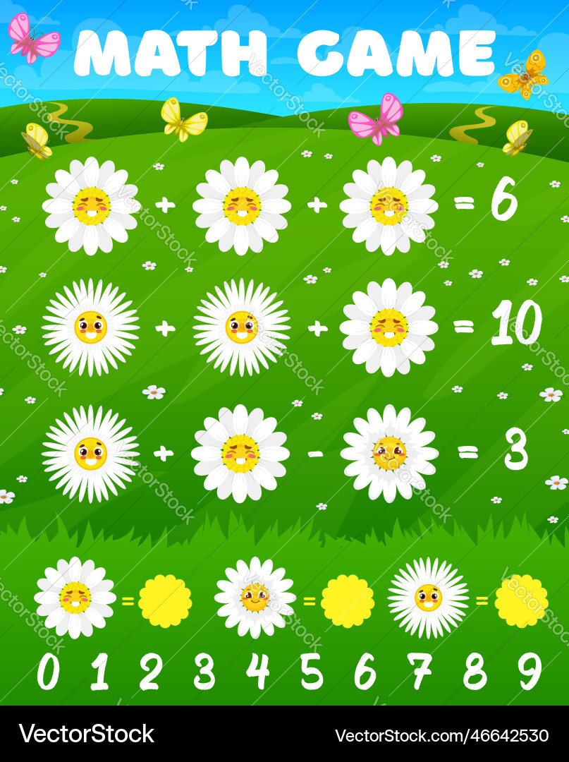 Camomile smile daisy flowers math game worksheet Vector Image
