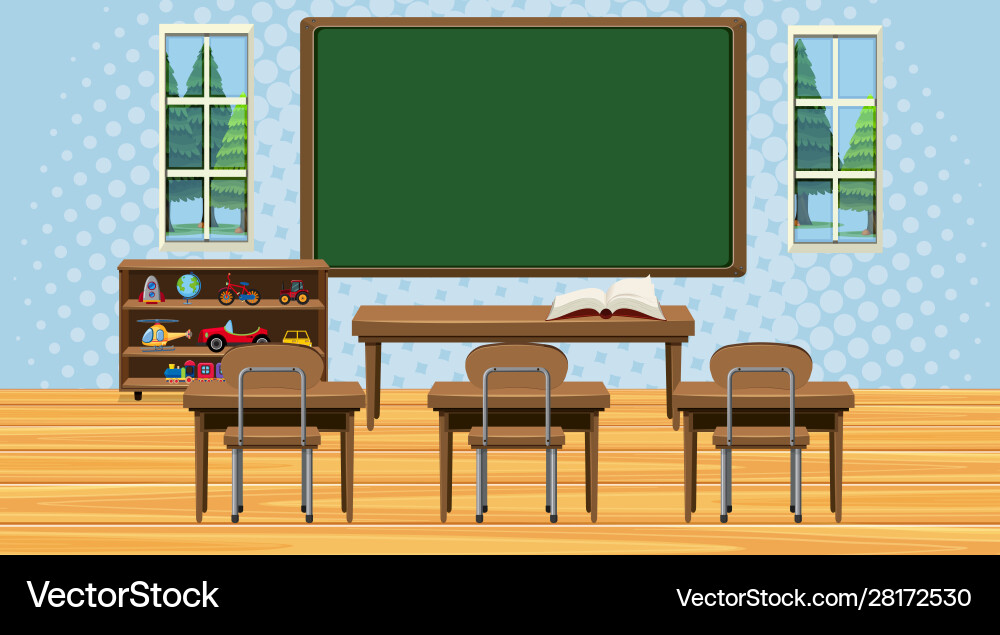 Classroom scene with chalkboard and desks Vector Image