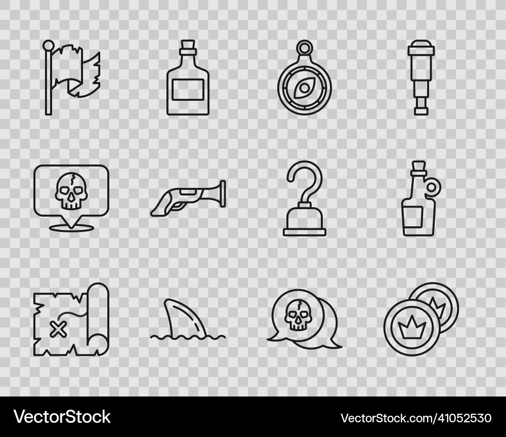Set line pirate treasure map coin compass shark Vector Image