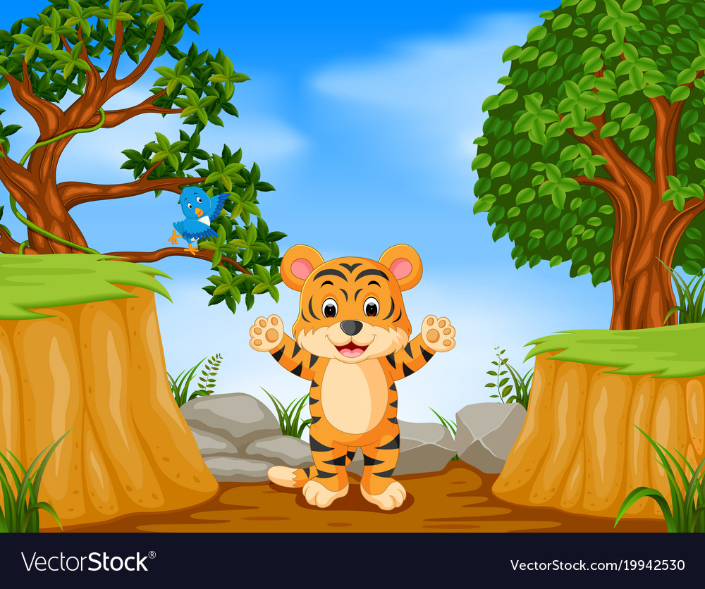 Tiger and bird with mountain cliff scene Vector Image