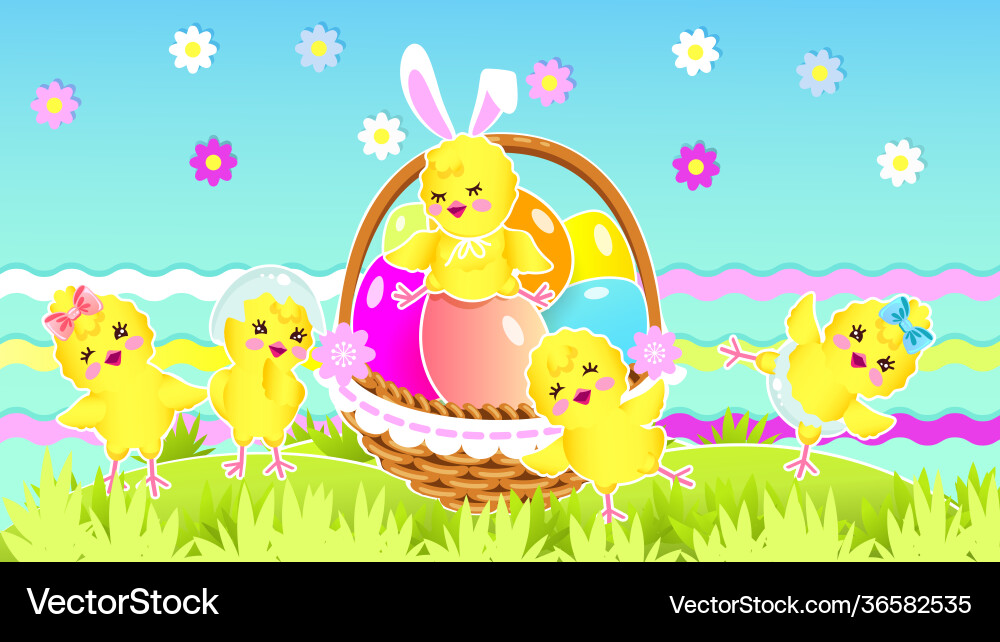 Basket with easter eggs and funny chickens on the Vector Image