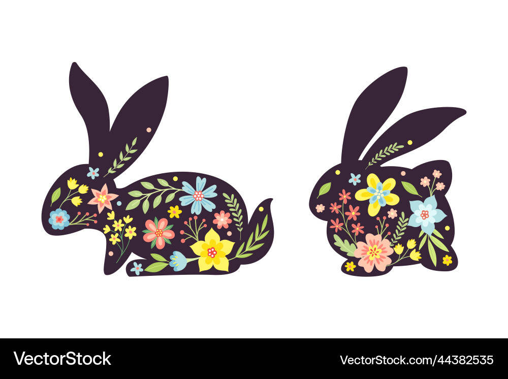 Black easter rabbit with flowers and floral Vector Image