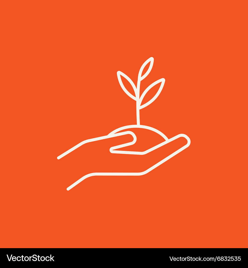 Hands holding seedling in soil line icon Vector Image
