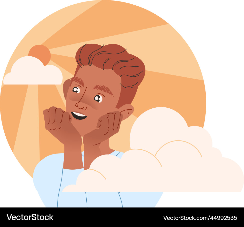 Happy man character with his head in clouds having