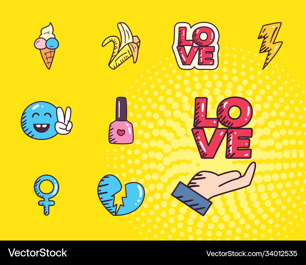 Pop art line and fill style set icon design Vector Image