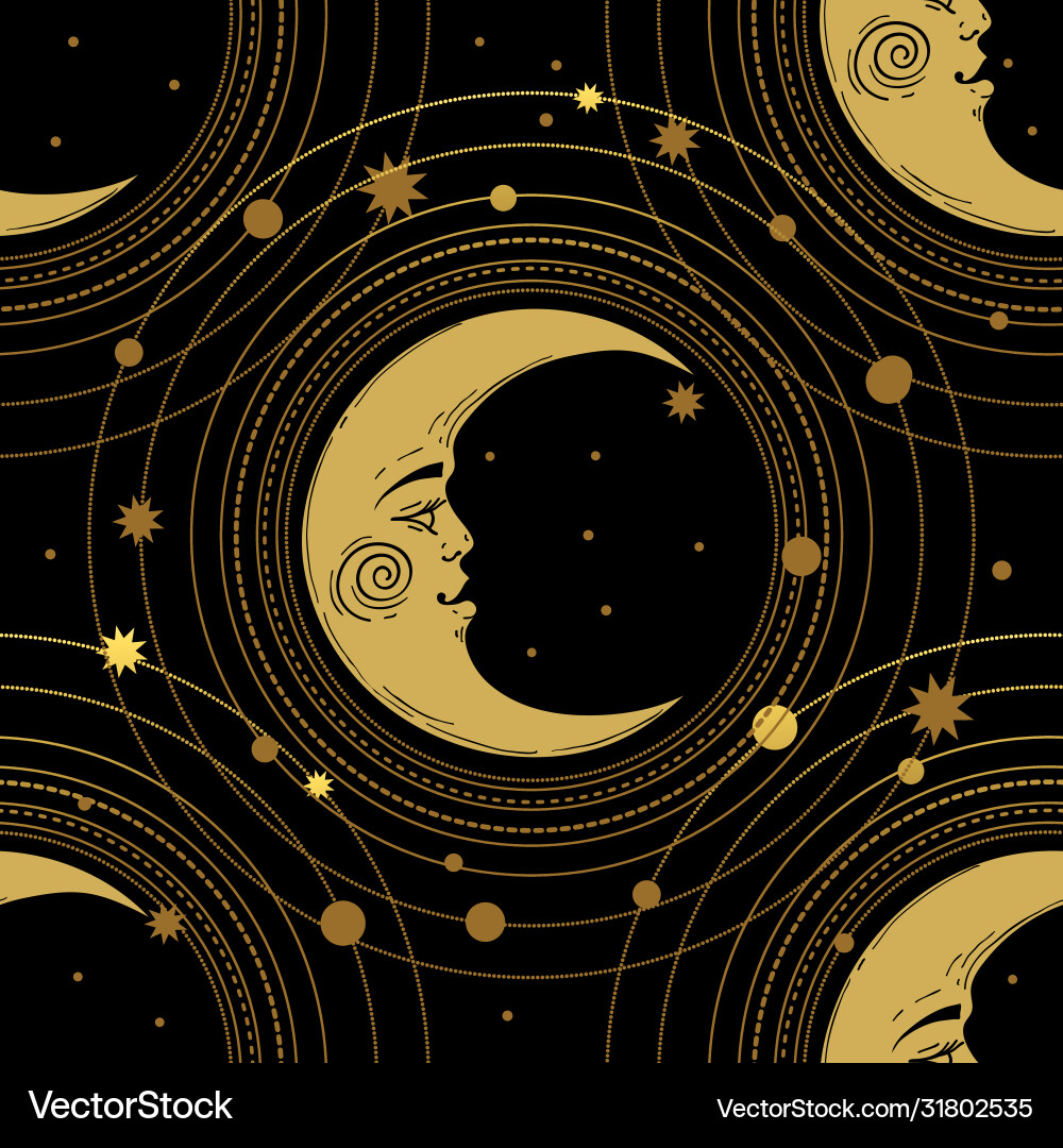 Seamless pattern with a golden moon and a crescent