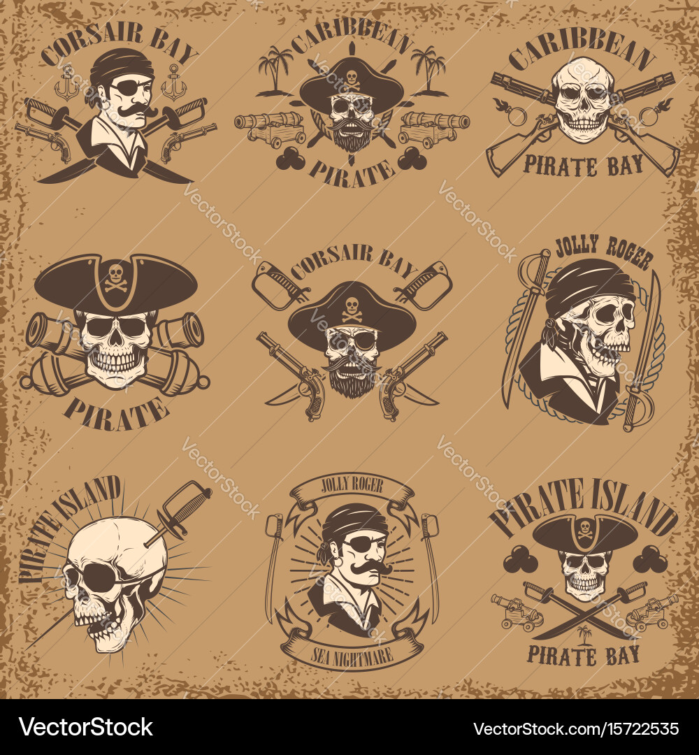 Set of pirate emblems on grunge background Vector Image