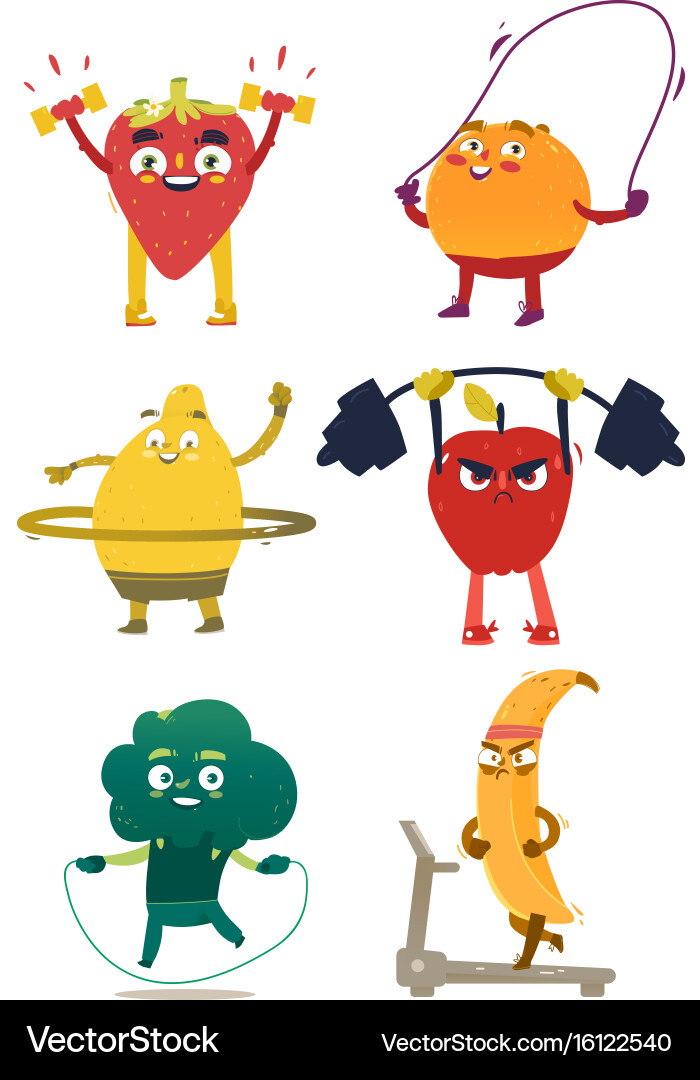 Funny fruit and berry characters doing sport Vector Image