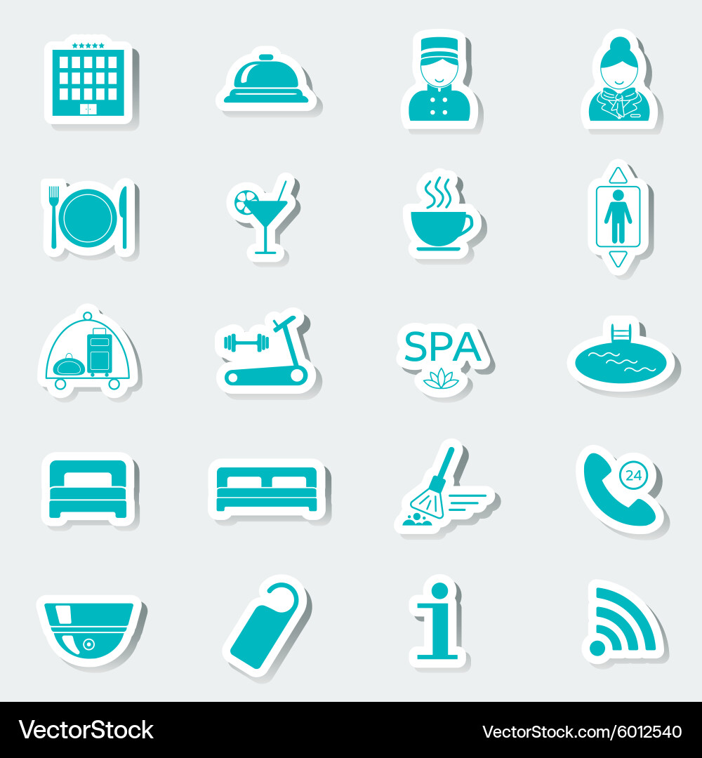 Hotel services icons stickers blue Royalty Free Vector Image