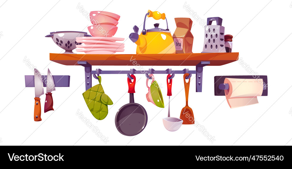 Kitchen shelf with utensil and dish set Royalty Free Vector