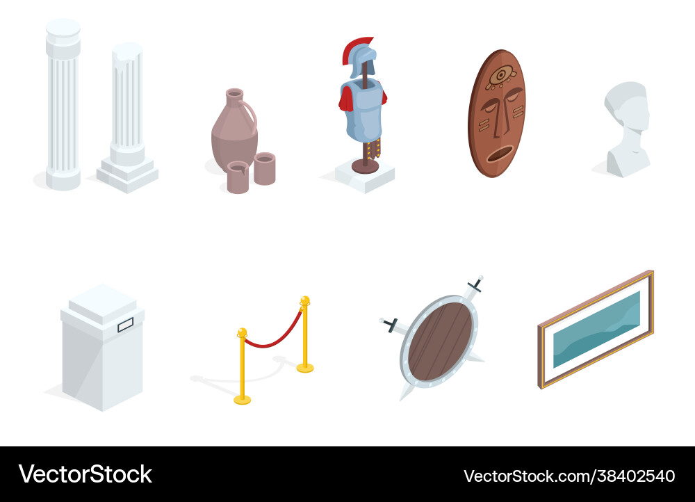 Museum exhibition isometric exhibits Royalty Free Vector