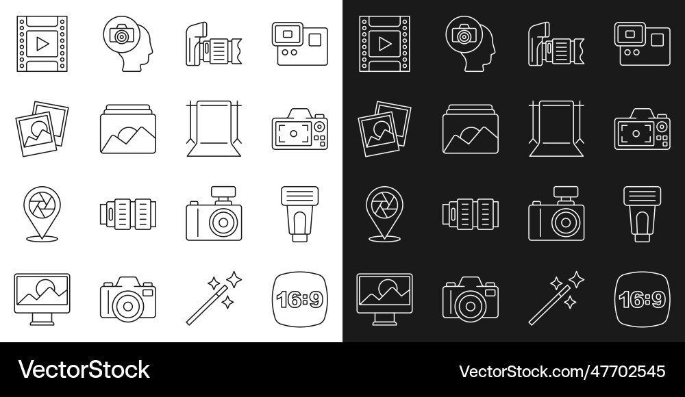 Set line photo frame 16 camera flash camera film Vector Image