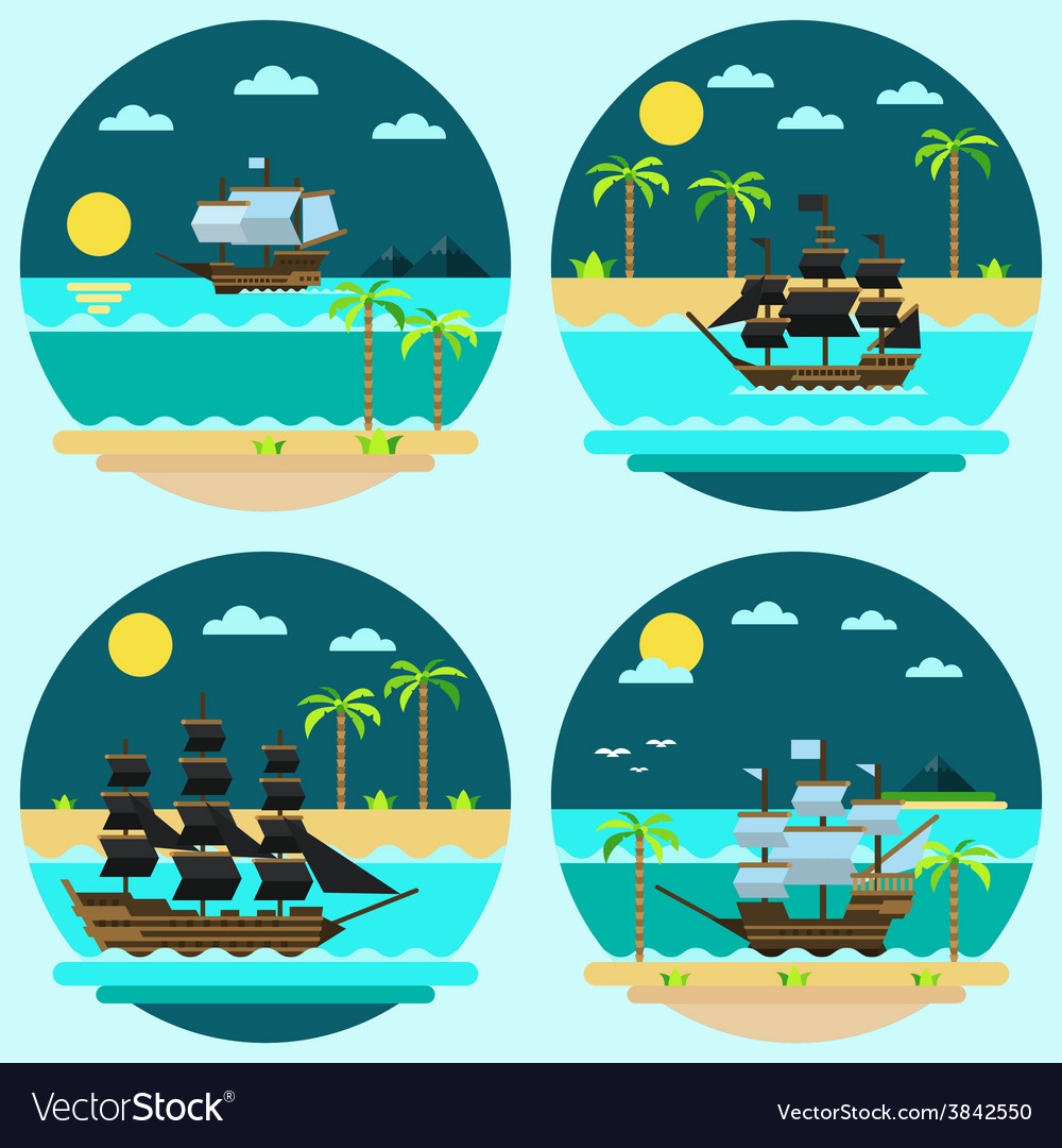 Flat design of pirate ships sailing Royalty Free Vector