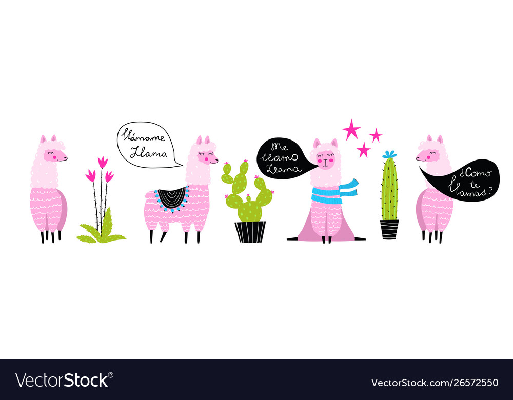 Llamas and cactus fun collection hand drawn Vector Image