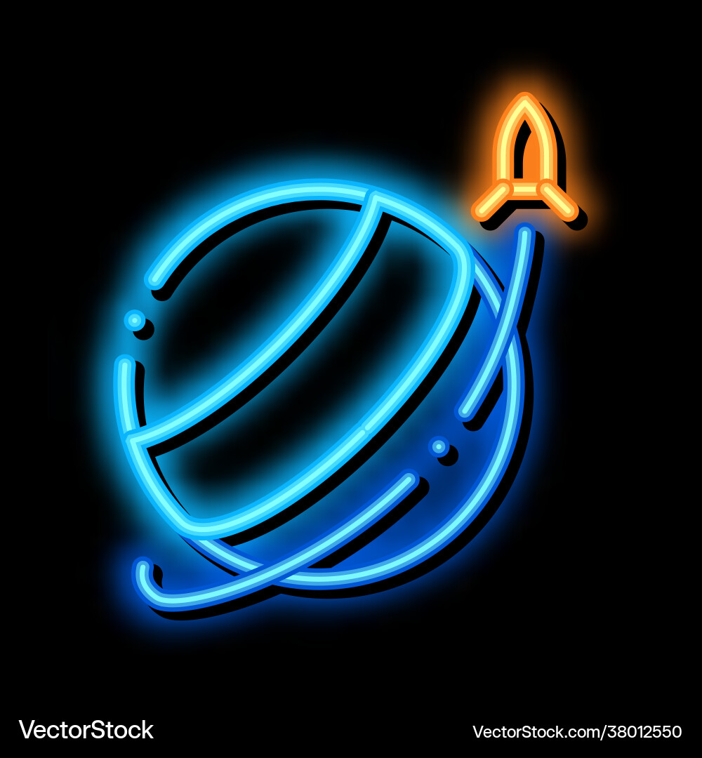 Rocket fly round planet neon glow icon Royalty Free Vector