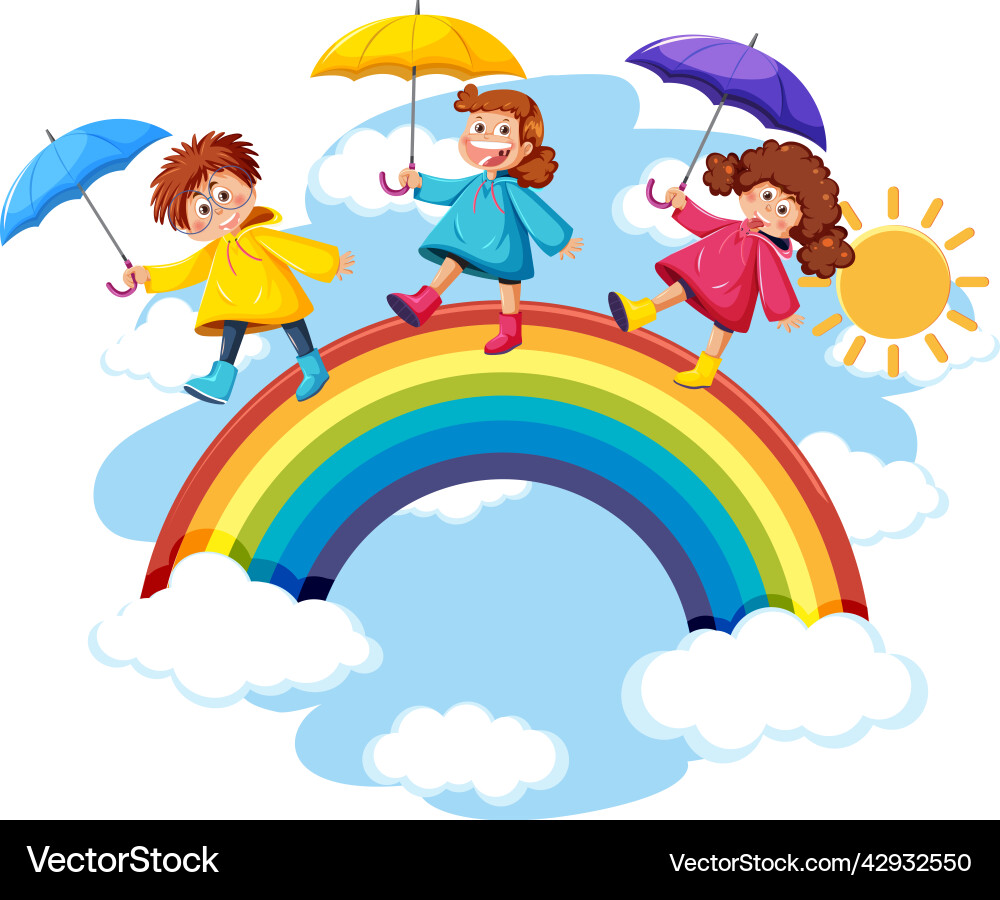 Three kids walking on rainbow in the sky Vector Image