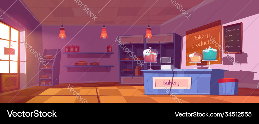 Bakery shop interior with cakes bread and pastry Vector Image