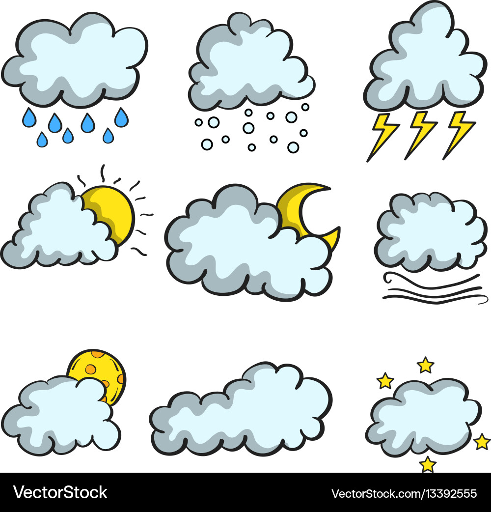 Cloud set weather theme of doodles Royalty Free Vector Image