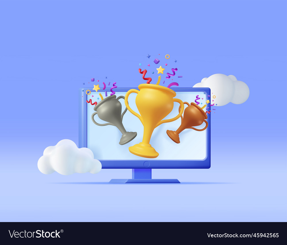 3d winner computer with gold trophy and confetti Vector Image