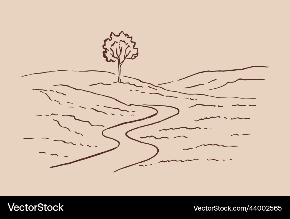 Rural landscape with road and tree hand drawn Vector Image