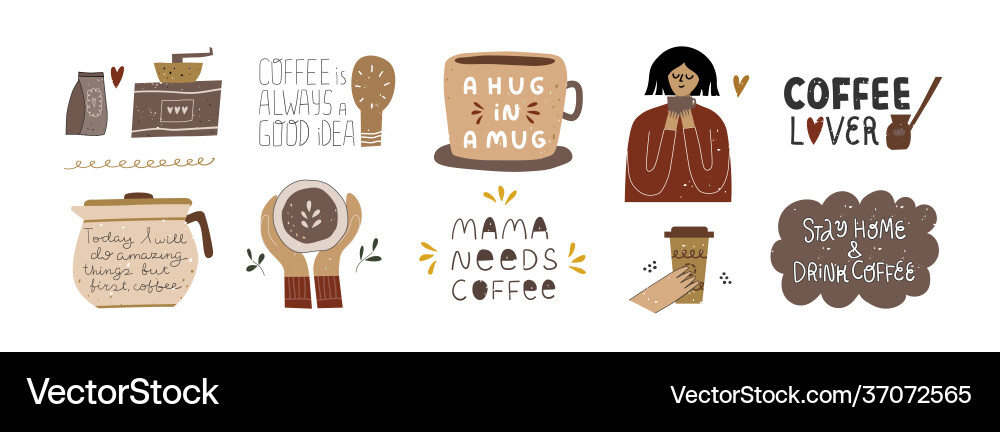 Set cute funny coffee lover quotes Royalty Free Vector Image