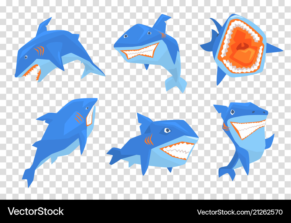 Flat set big blue shark marine fish Royalty Free Vector